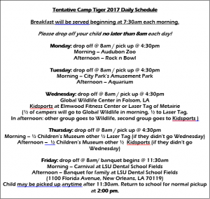 Tentative Camp Tiger Schedule – Camp Tiger